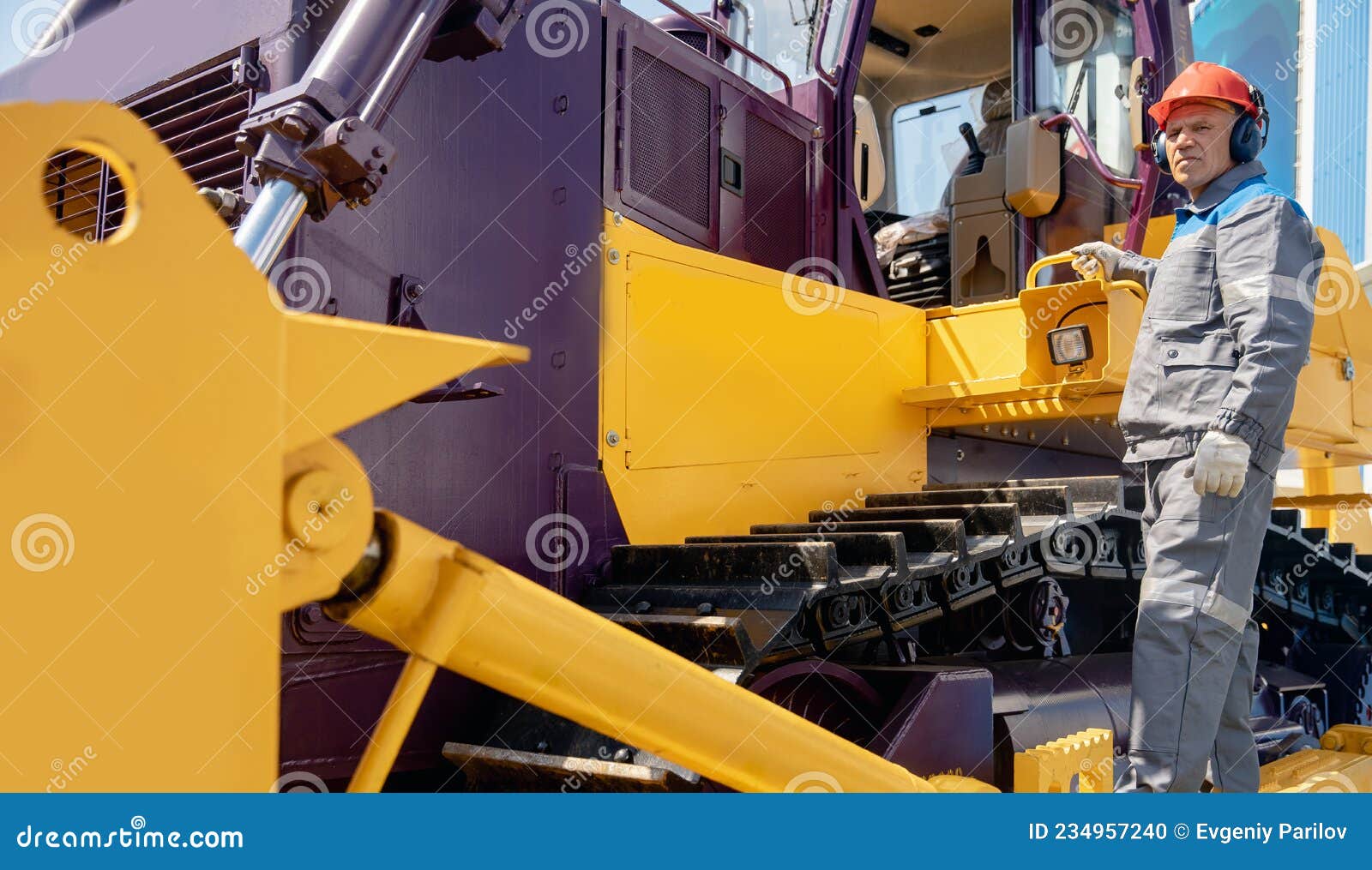 Industrial Bulldozer Driver Gets into Coal Loading Cab in Open Pit Mine ...
