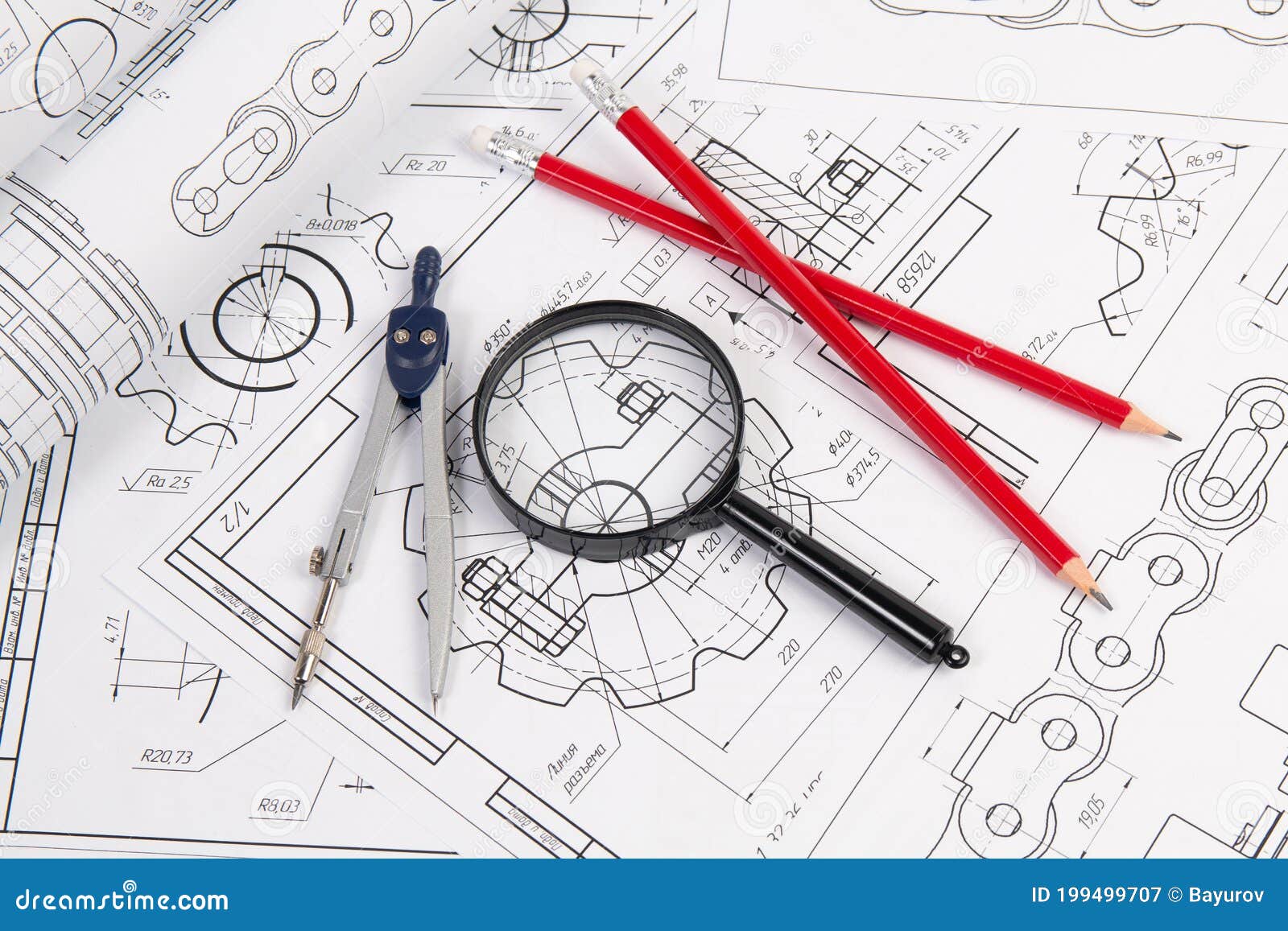 Industrial Chain Drawings, Engineering Compass, Magnifying Glass and ...