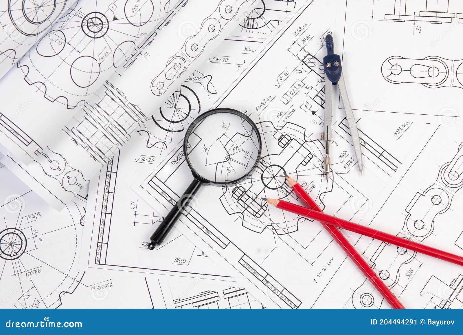 Industrial Chain Drawings, Engineering Compass, Magnifying Glass and ...