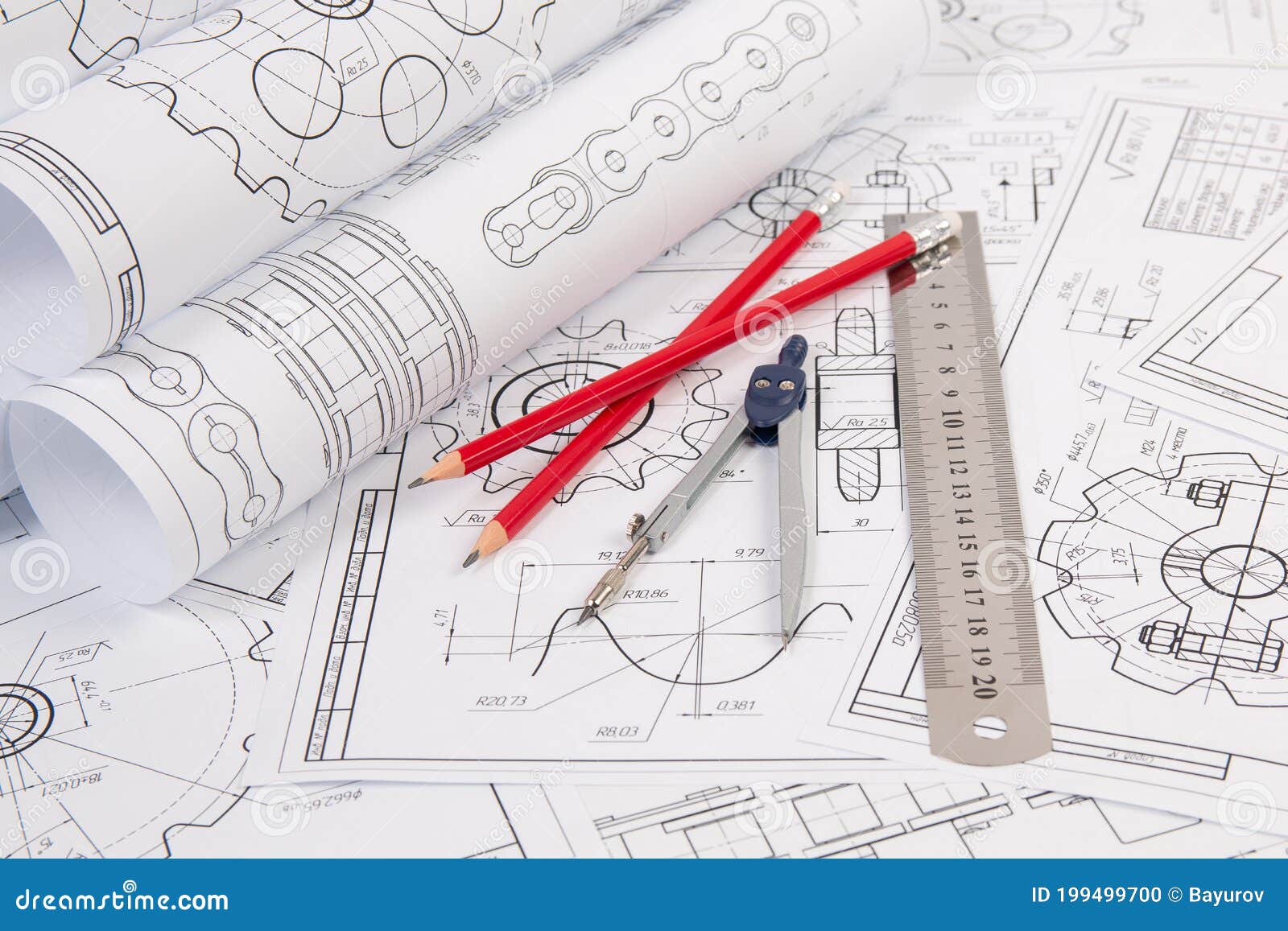 Industrial Chain Drawings, Engineering Compass, Ruler and Pencils Stock ...