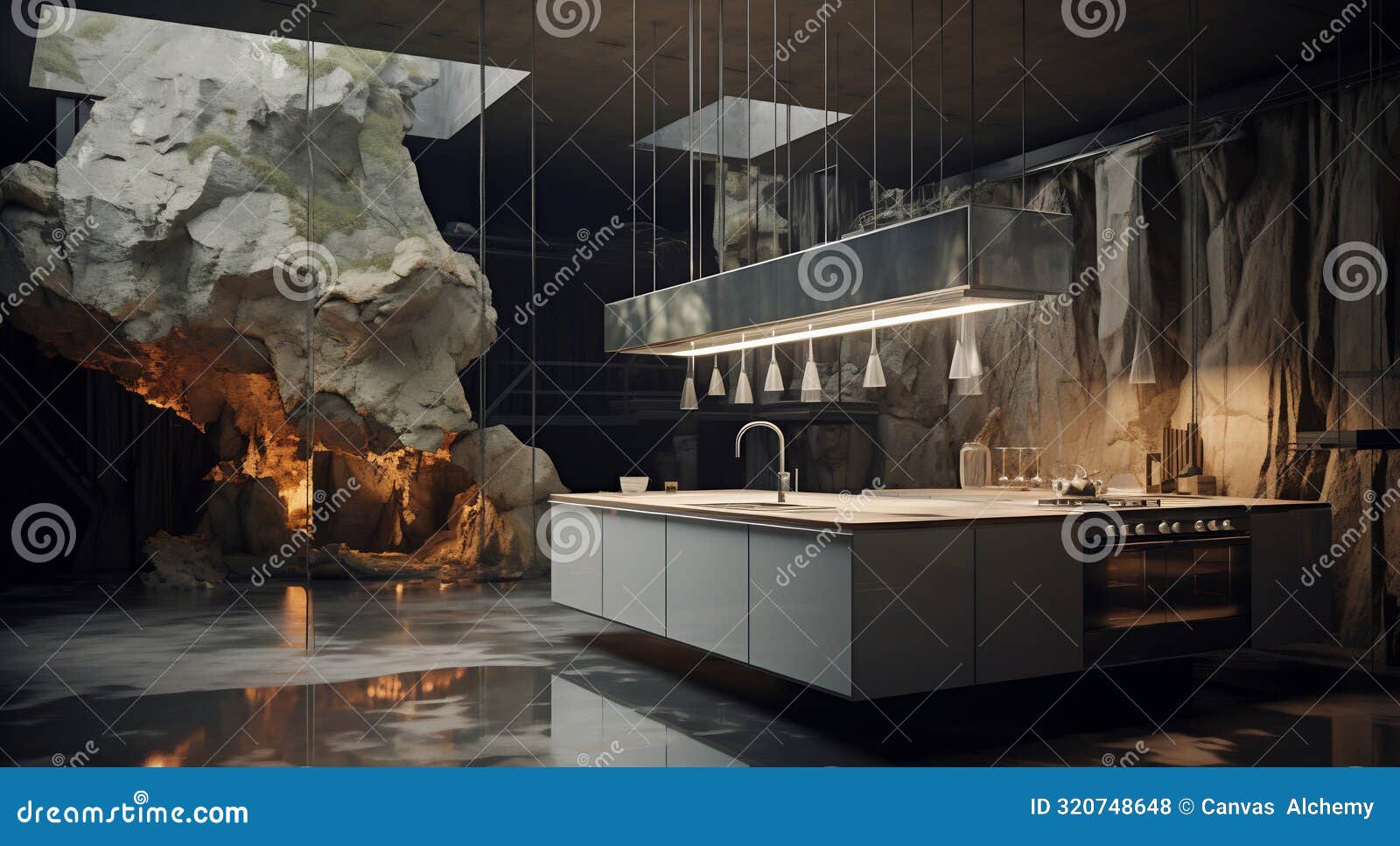 Industrial Chic Kitchen with Reflective Flooring Stock Photo - Image of ...