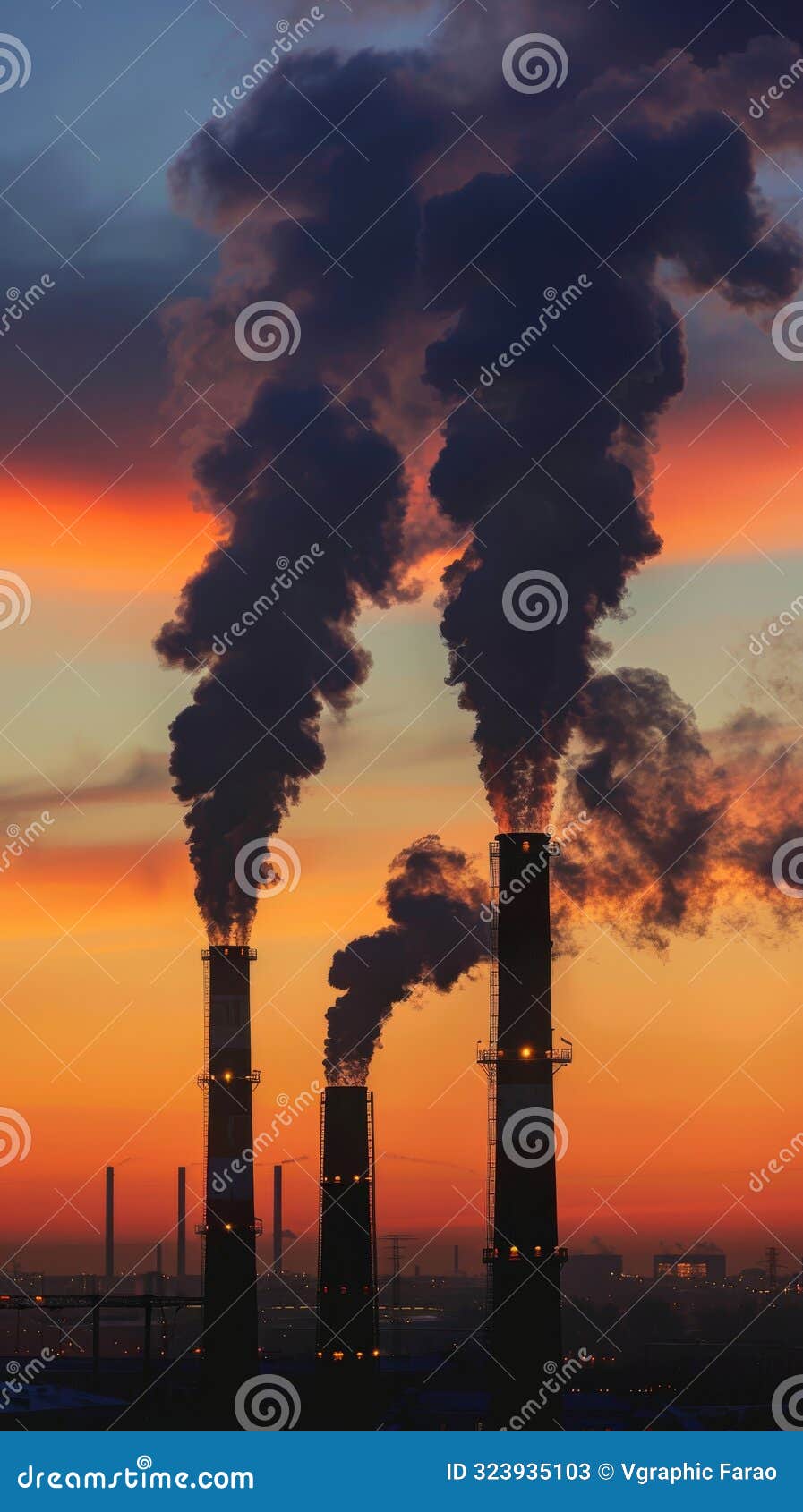 Industrial Chimneys Emitting Smoke at Sunset, Environmental Pollution ...