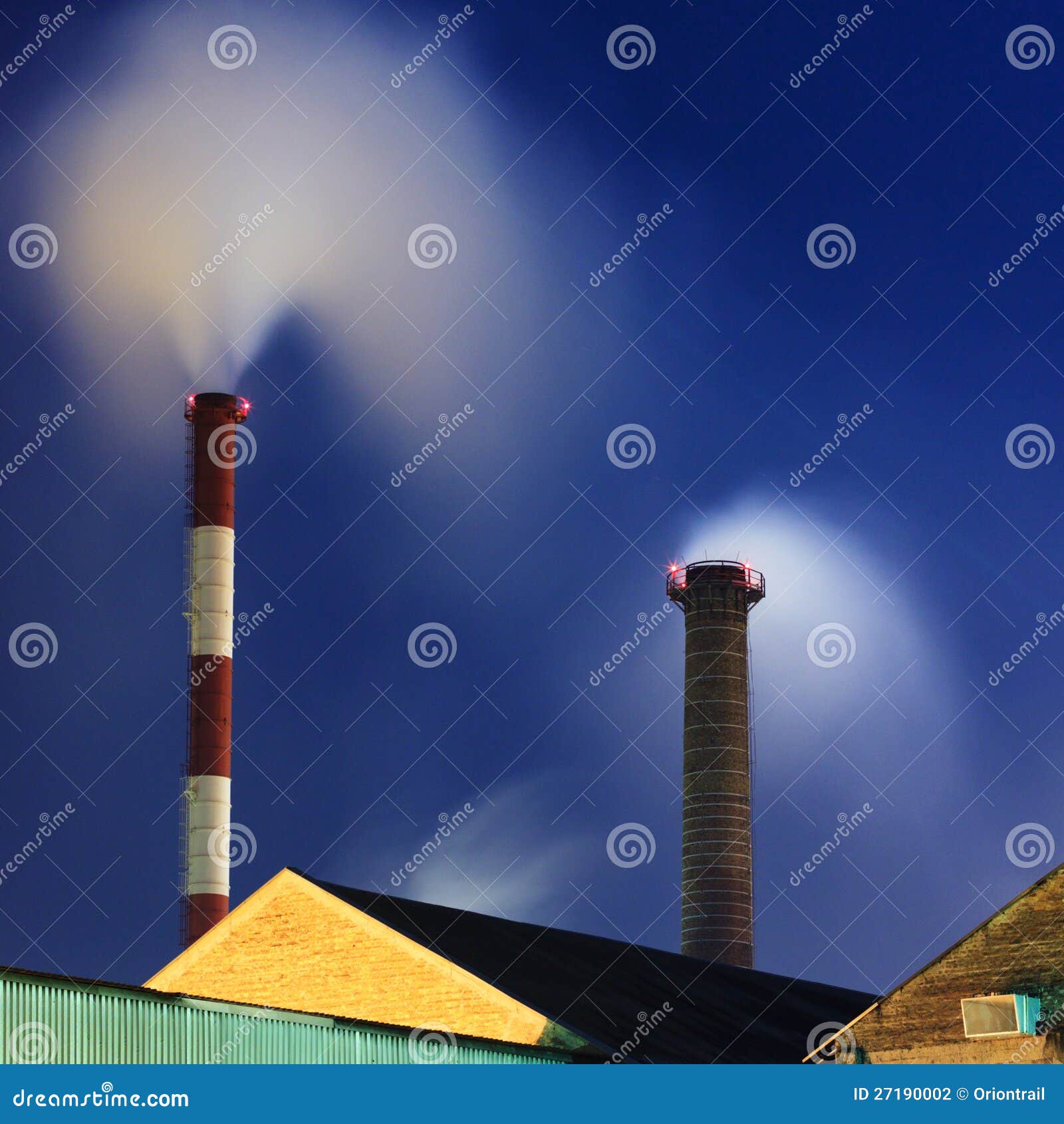 Industrial Chimneys at Night Stock Photo - Image of illuminated ...