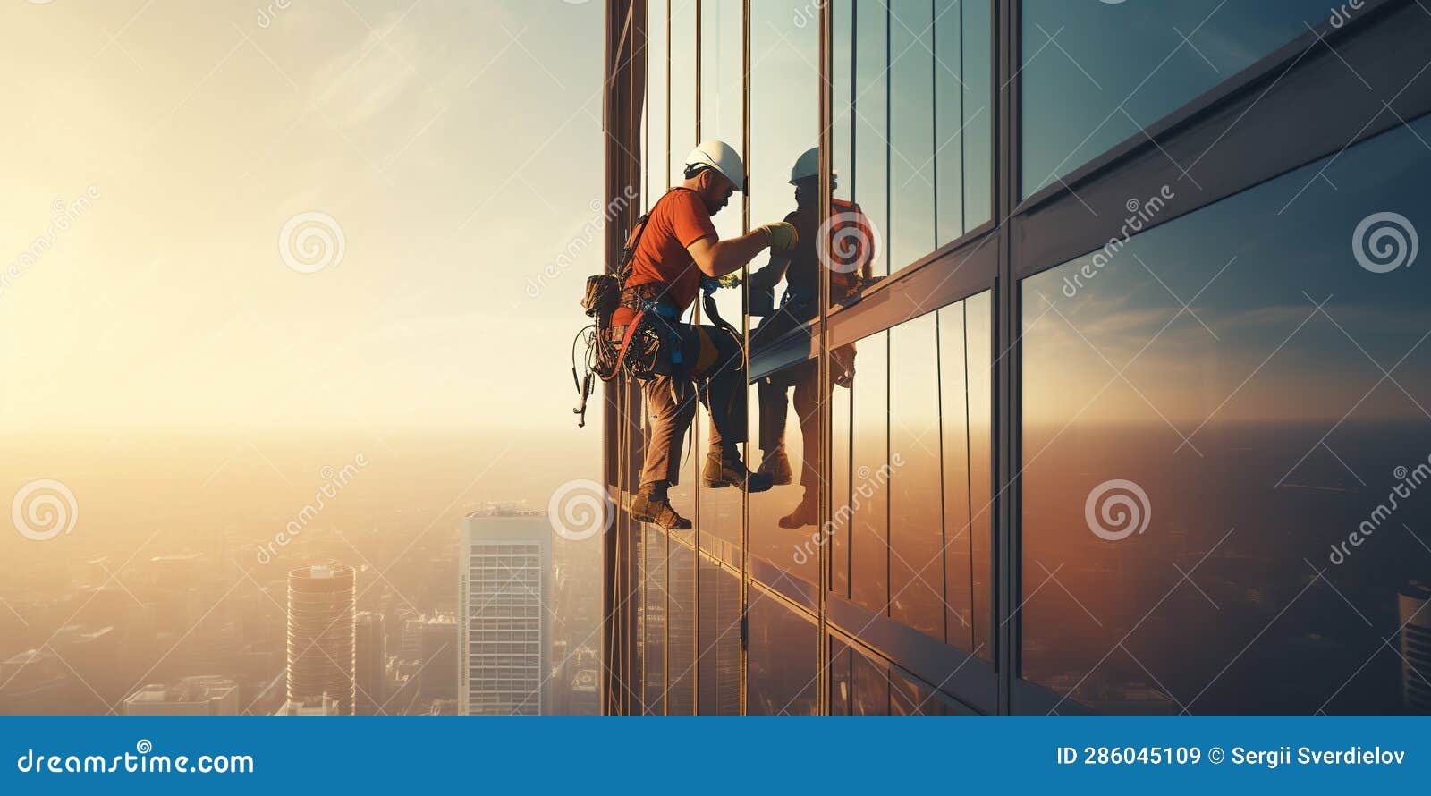 An Industrial Climber Hangs at Heights, Skillfully and Safely ...