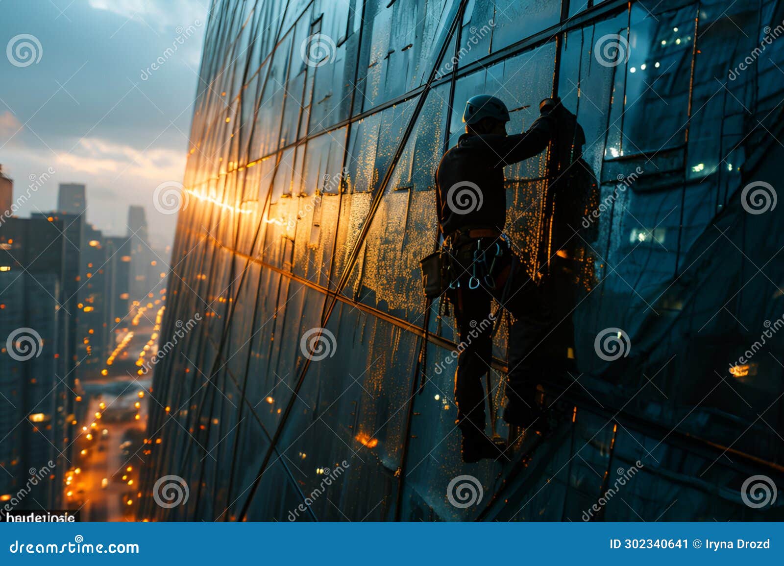 Industrial Climbers Cleaning Blue Windows Outside Building Stock ...