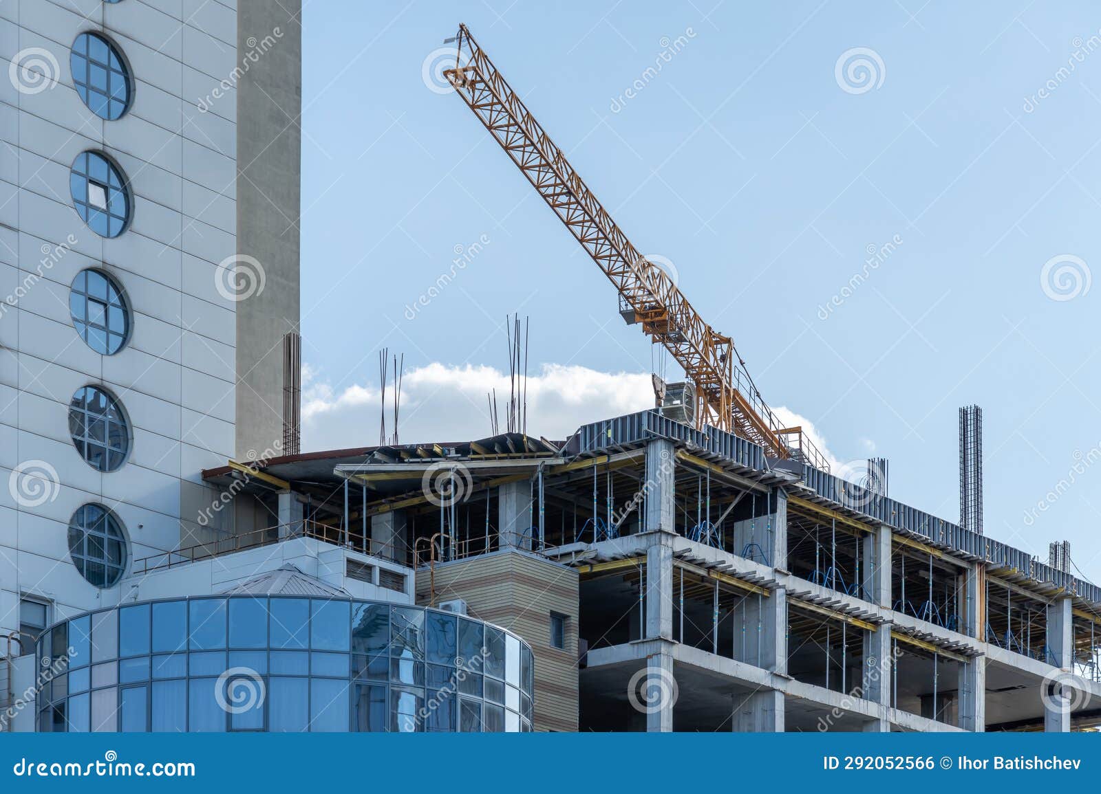 Industrial Construction Cranes Work Above New Modern Building. Stock ...