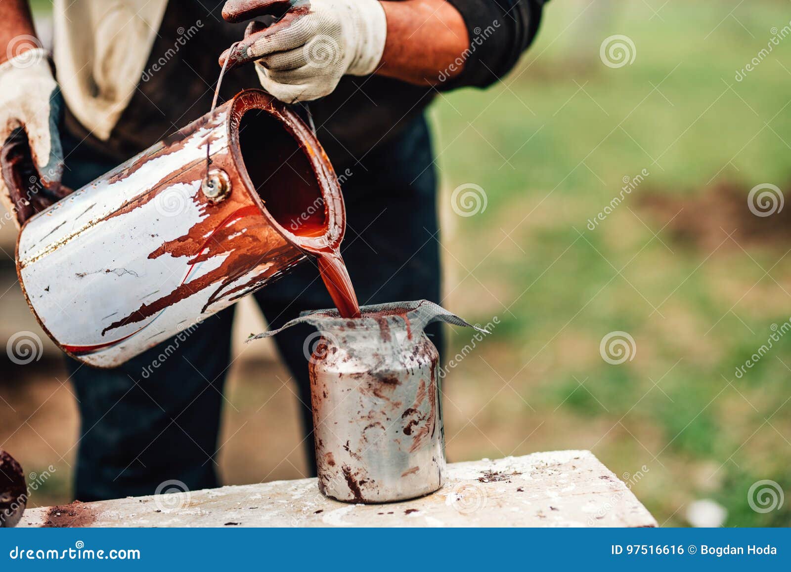 Construction Worker Pouring Liquid Paint Intro Spray Gun Stock Photo ... Construction Worker Pouring Liquid Paint Intro Spray Gun Stock Photo ...