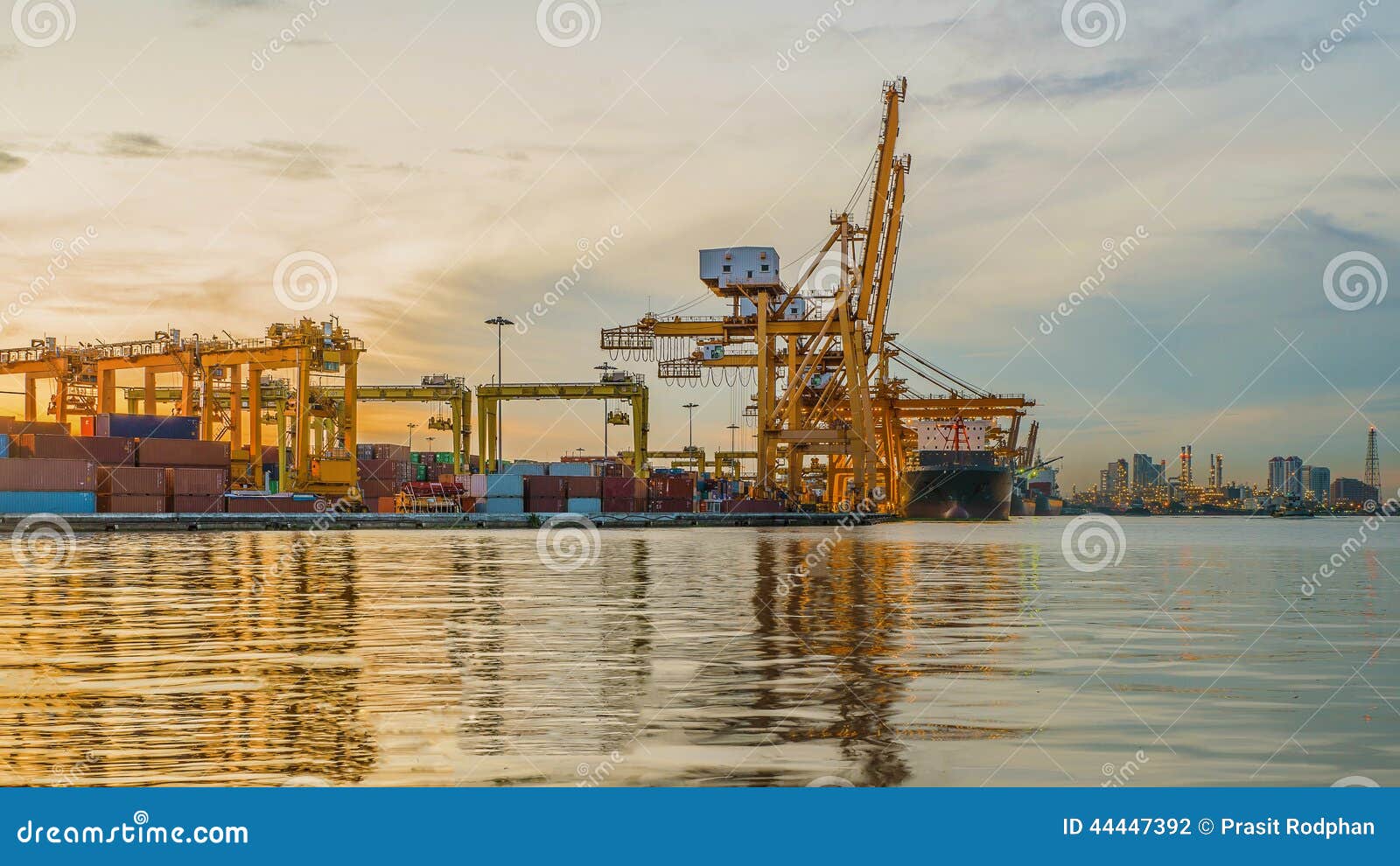 Industrial Container Cargo Freight Ship With Working Crane Bridge In ...