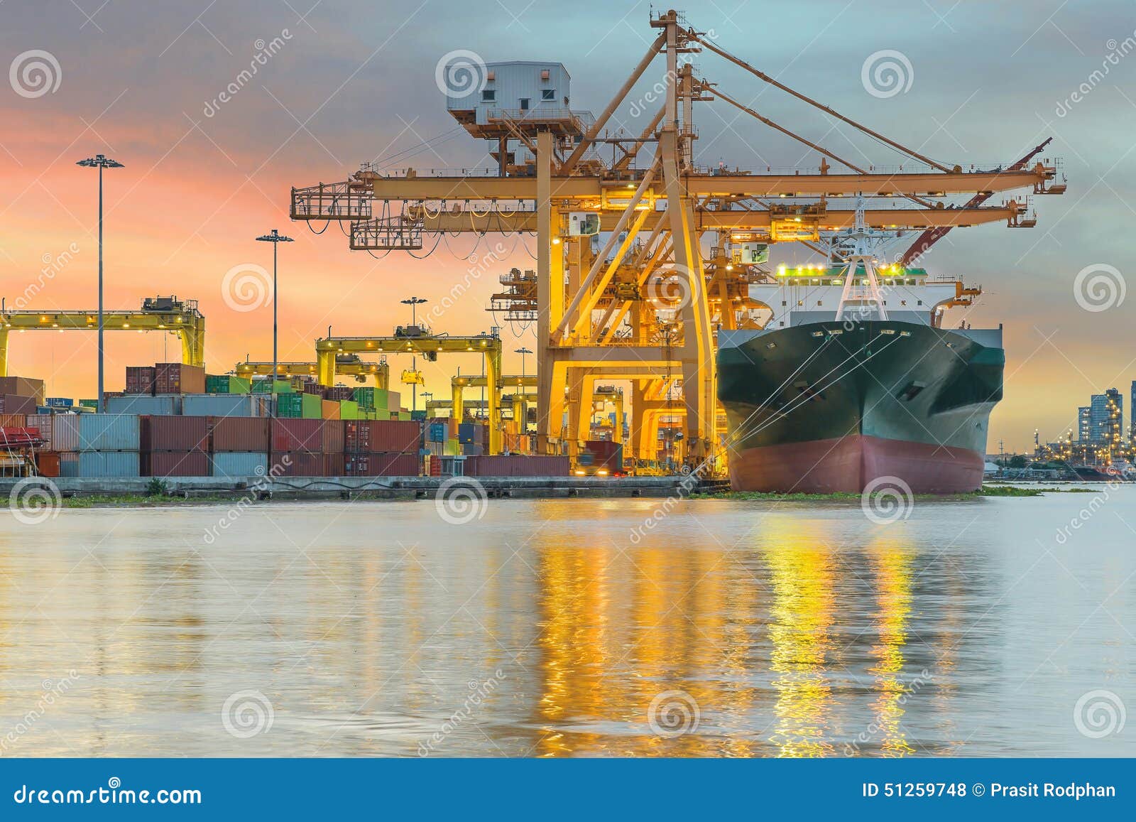 Industrial Container Cargo Freight Ship with Working Crane Bridge in ...