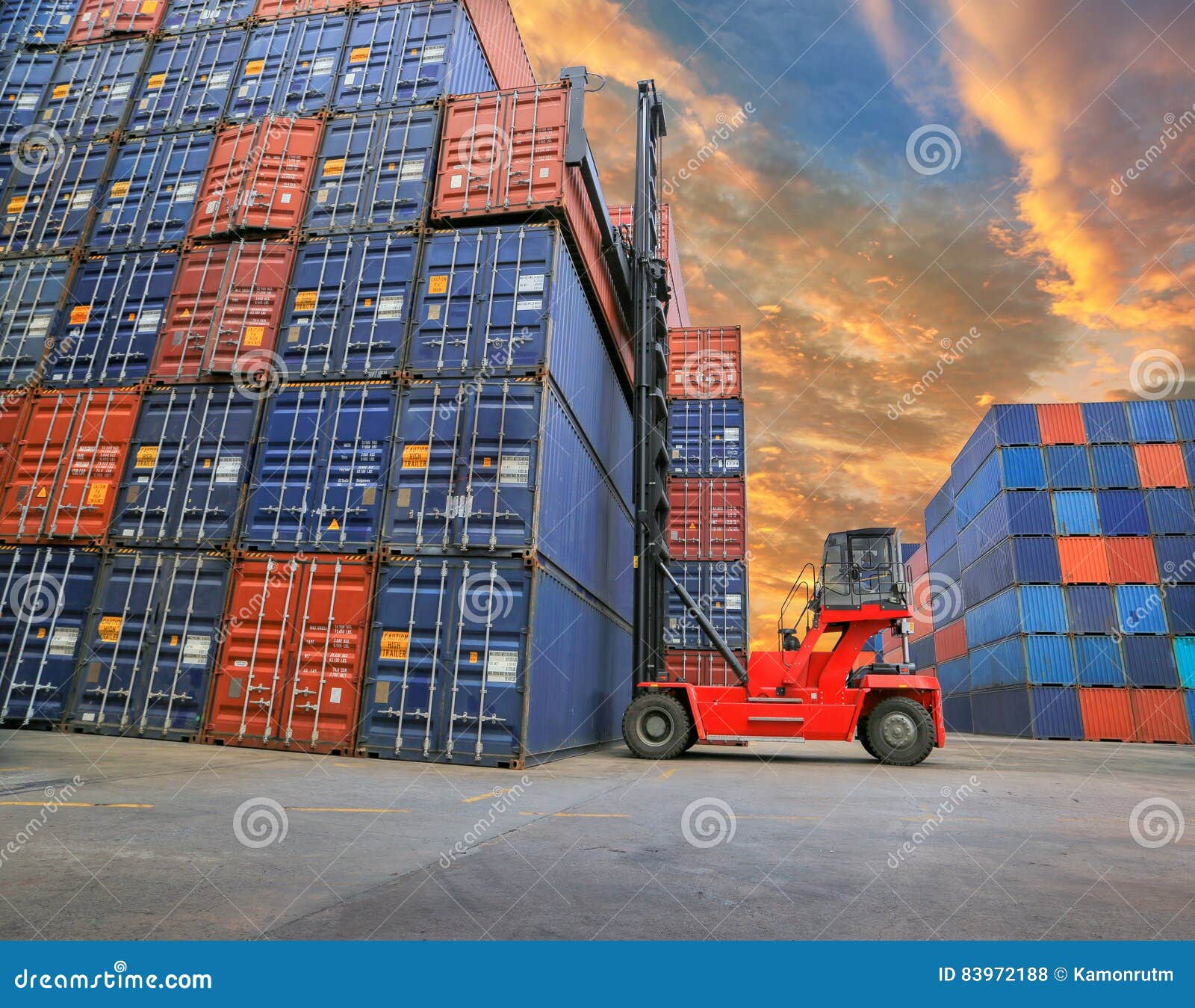 Industrial Container Yard with Forklift Working Stock Photo - Image of ...