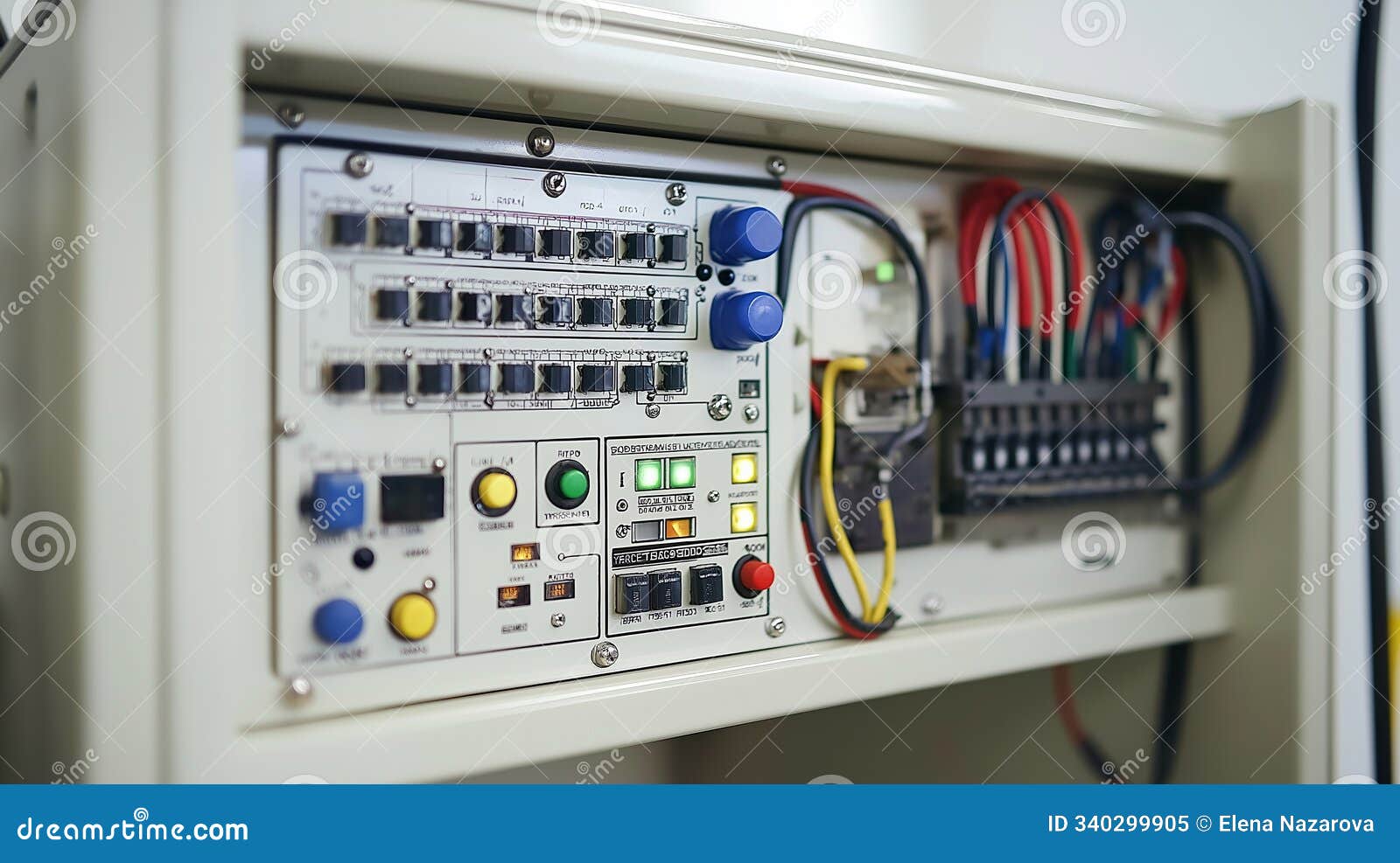Industrial Control Panel with Buttons, Switches, and Wiring in Modern ...