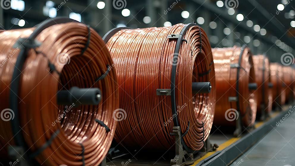 Industrial Copper Wire Spools in Factory Setting with Long Shadows ...
