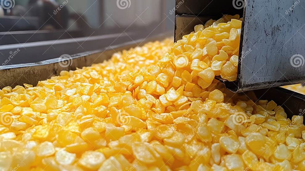 Industrial Corn Production Process Showing Corn Kernels on Conveyor ...