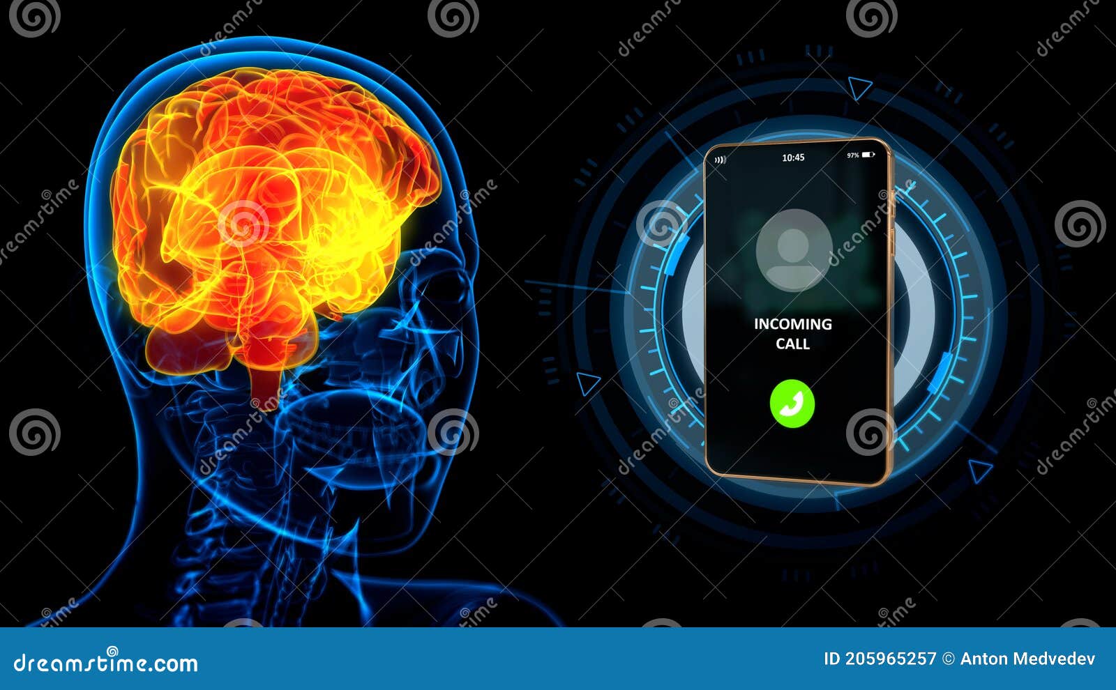 Industrial 3D Illustration - X Ray Human Head Image with Calling Mobile ...