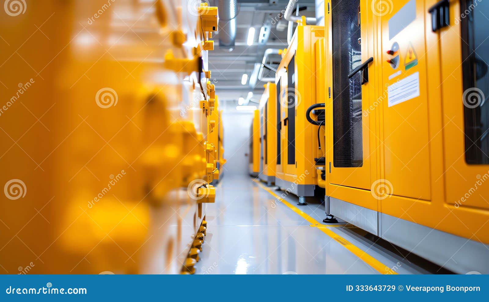 Industrial Data Center with Yellow Server Racks and Bright Lighting ...