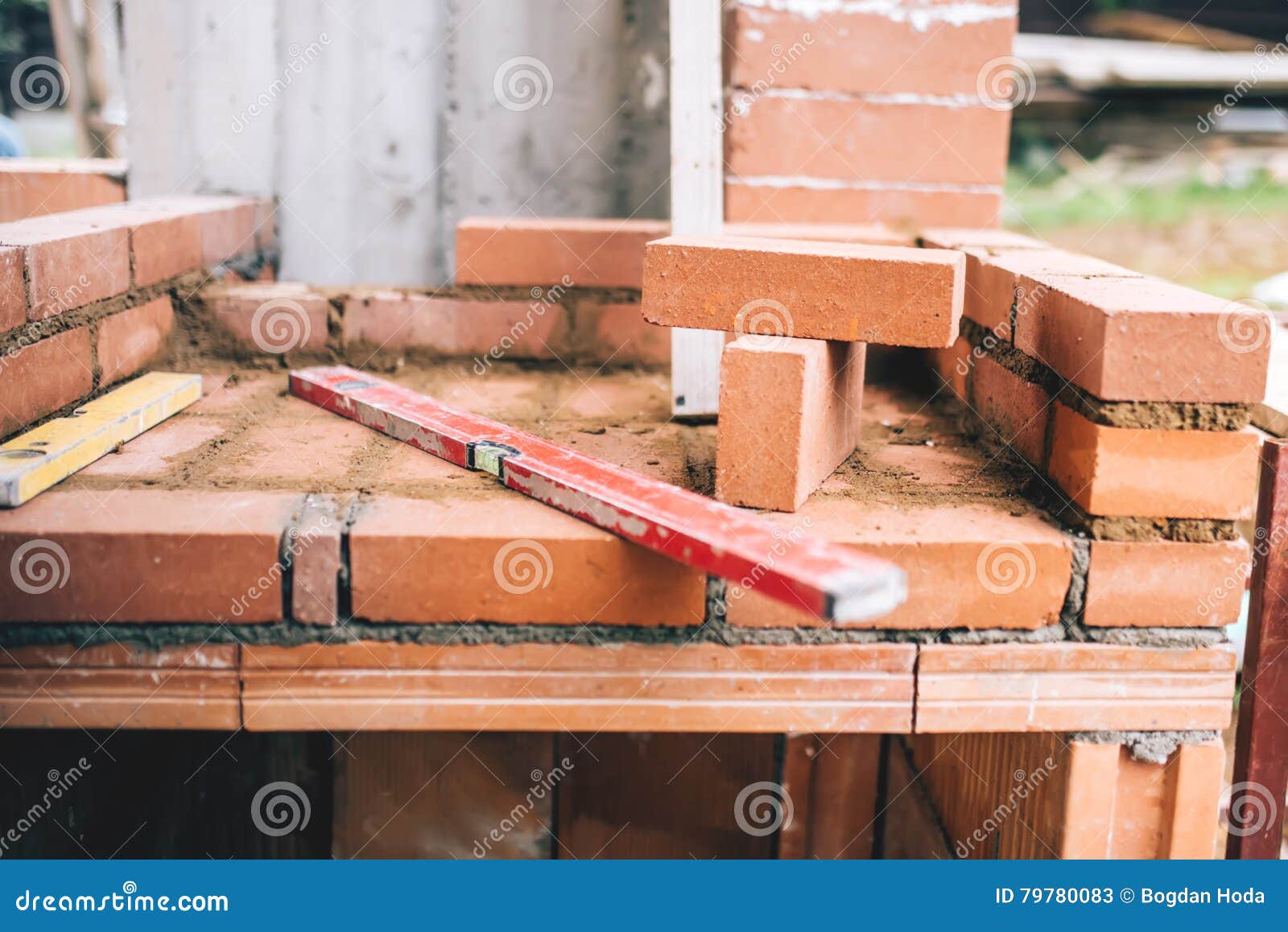 Industrial Details of Masonry, Level and Bricks on Construction Site ...