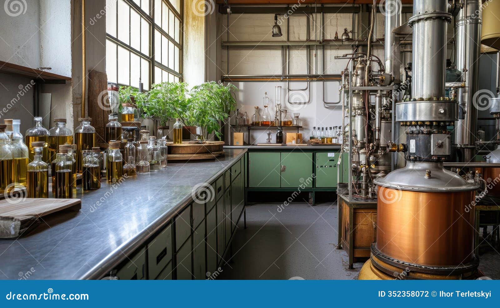 Industrial Distillation Lab with Herbs and Various Bottles Used for Oil ...