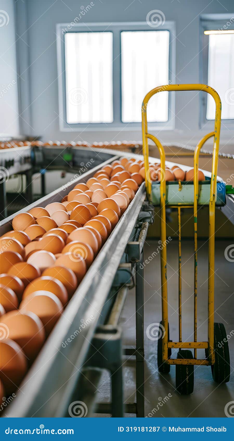Industrial Egg Processing Facility with Conveyor Belt and Hand Truck ...
