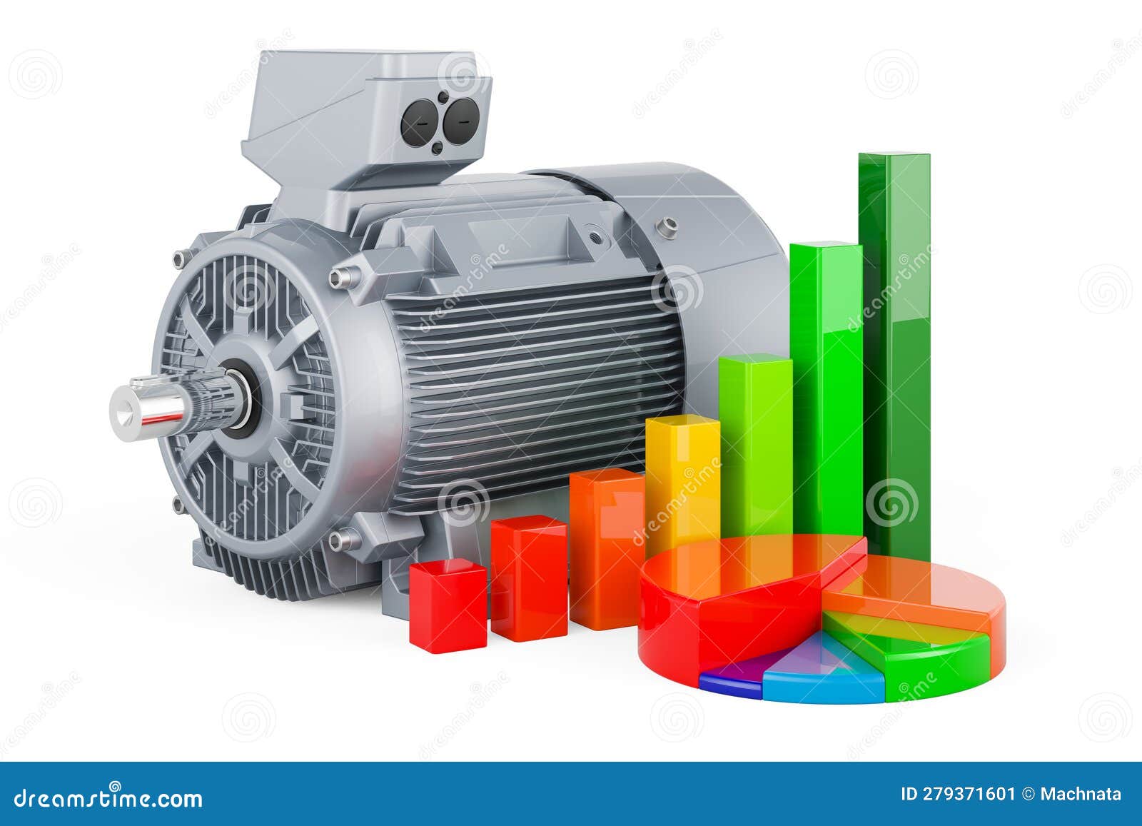 Industrial Electric Motor with Growth Bar Graph and Pie Chart, 3D ...
