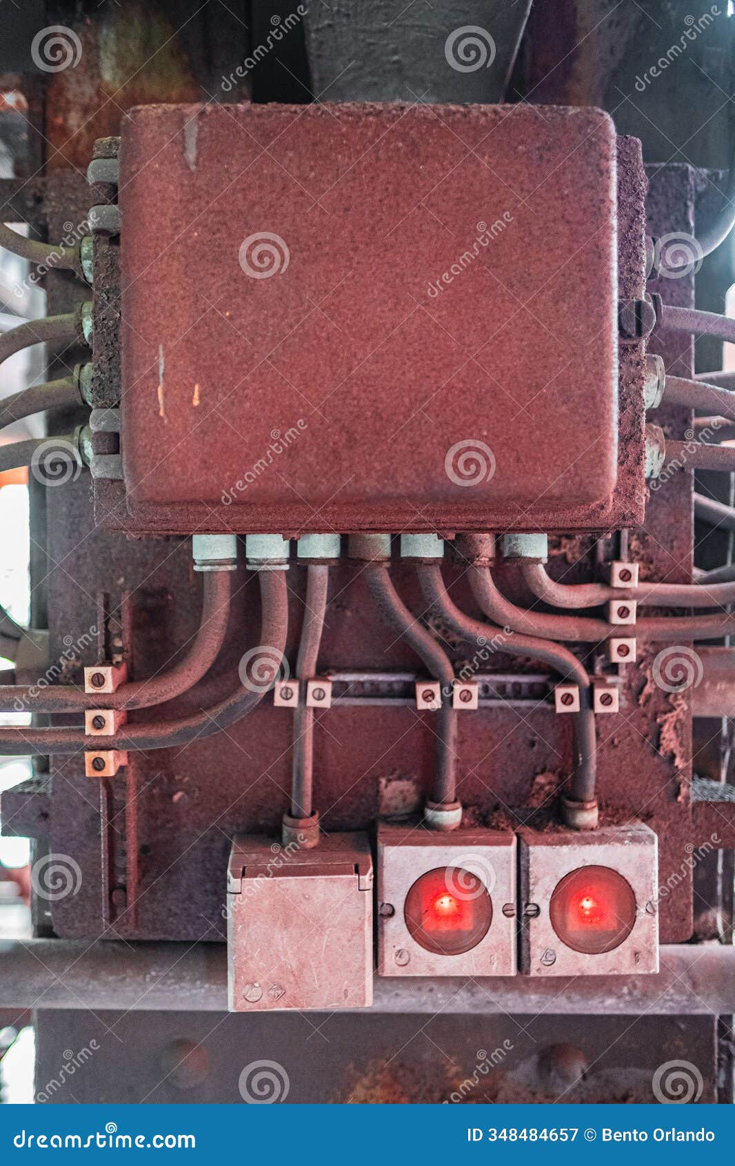 Industrial Electrical Box with Cables and Glowing Red Lights in Rusty ...
