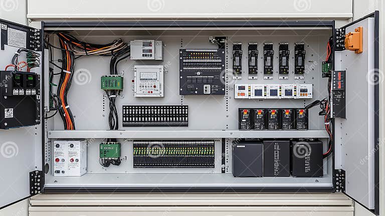 Industrial Electrical Control Panel with Circuit Breakers and Wiring ...