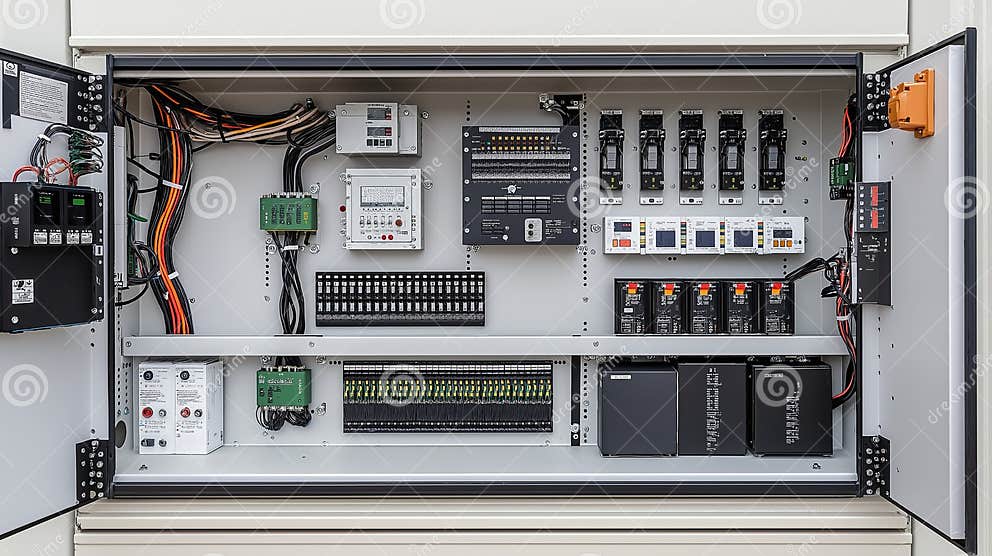 Industrial Electrical Control Panel with Circuit Breakers and Wiring ...
