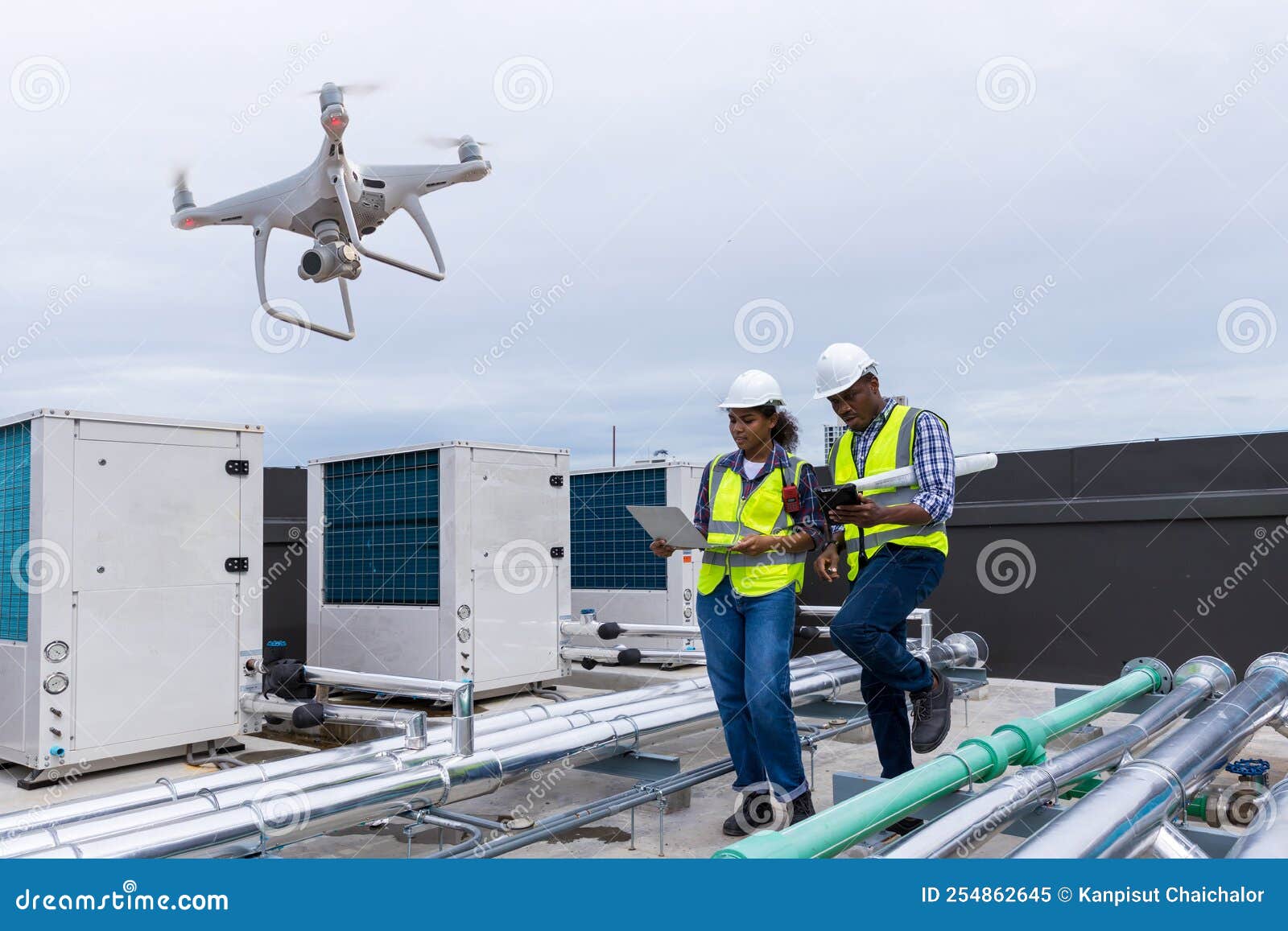 Industrial Engineer Use Drone Work on Site . Engineer Visit and ...