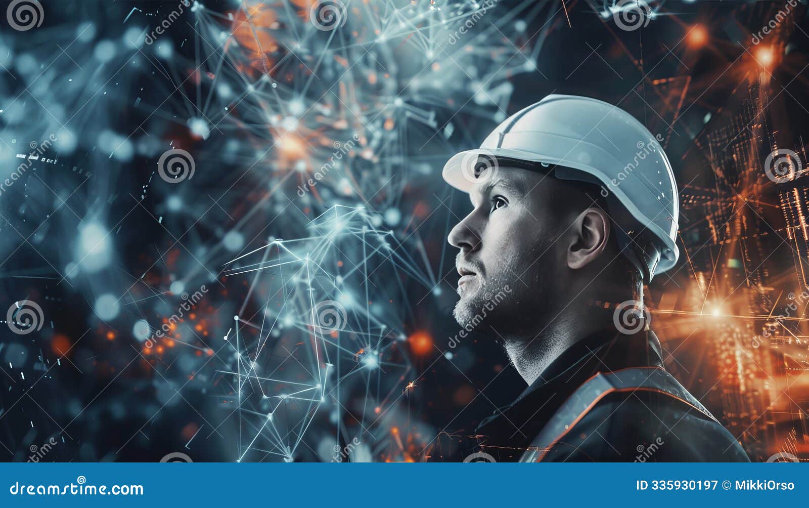 Industrial Engineer in White Hard Hat on Abstract Background for Banner ...