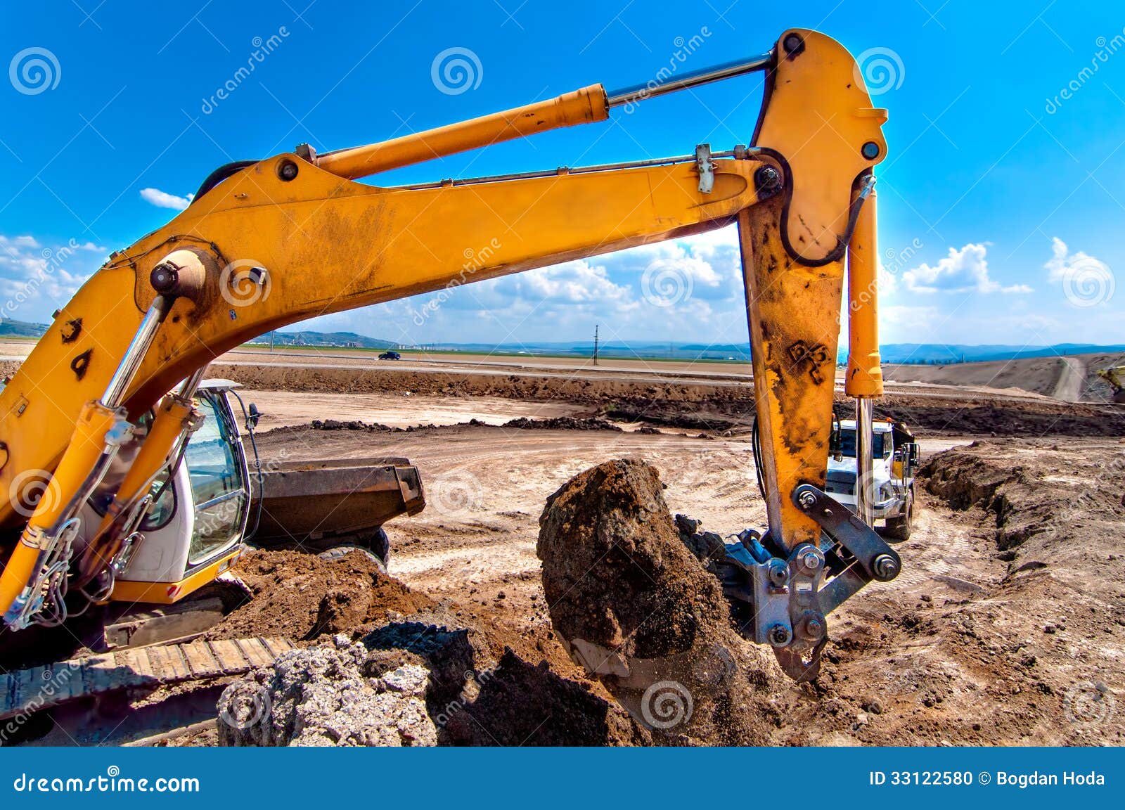 Industrial Excavator Bulldozer Digging in Sandpit Stock Photo - Image ...