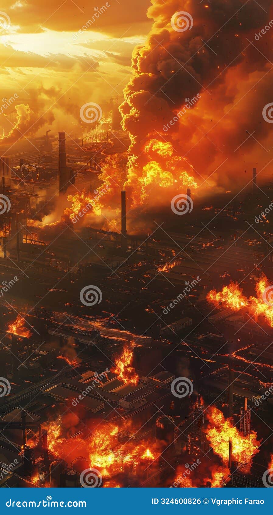 Industrial Explosion and Fire at Sunset, Dramatic Scene. Disaster ...
