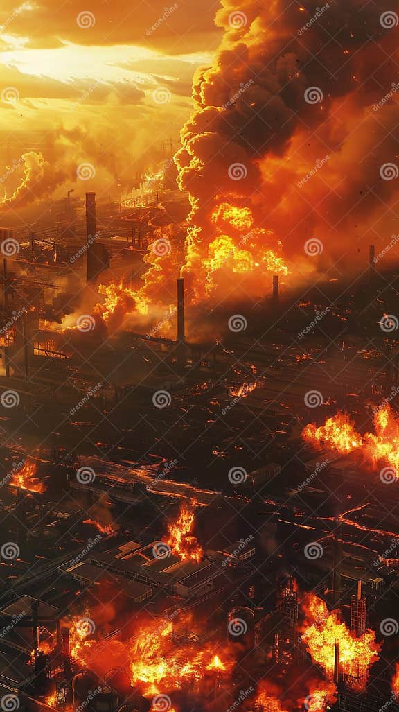 Industrial Explosion and Fire at Sunset, Dramatic Scene. Disaster ...