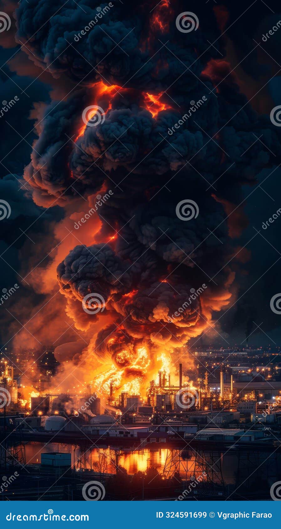 Industrial Explosion with Massive Fire and Smoke, Nighttime Scene Stock ...