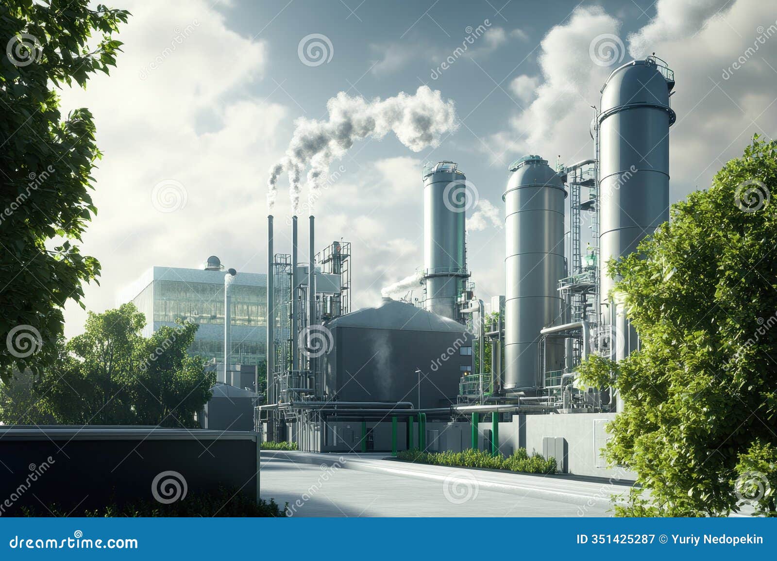 Industrial Facility with Modern Architecture and Smoke Emissions Under ...