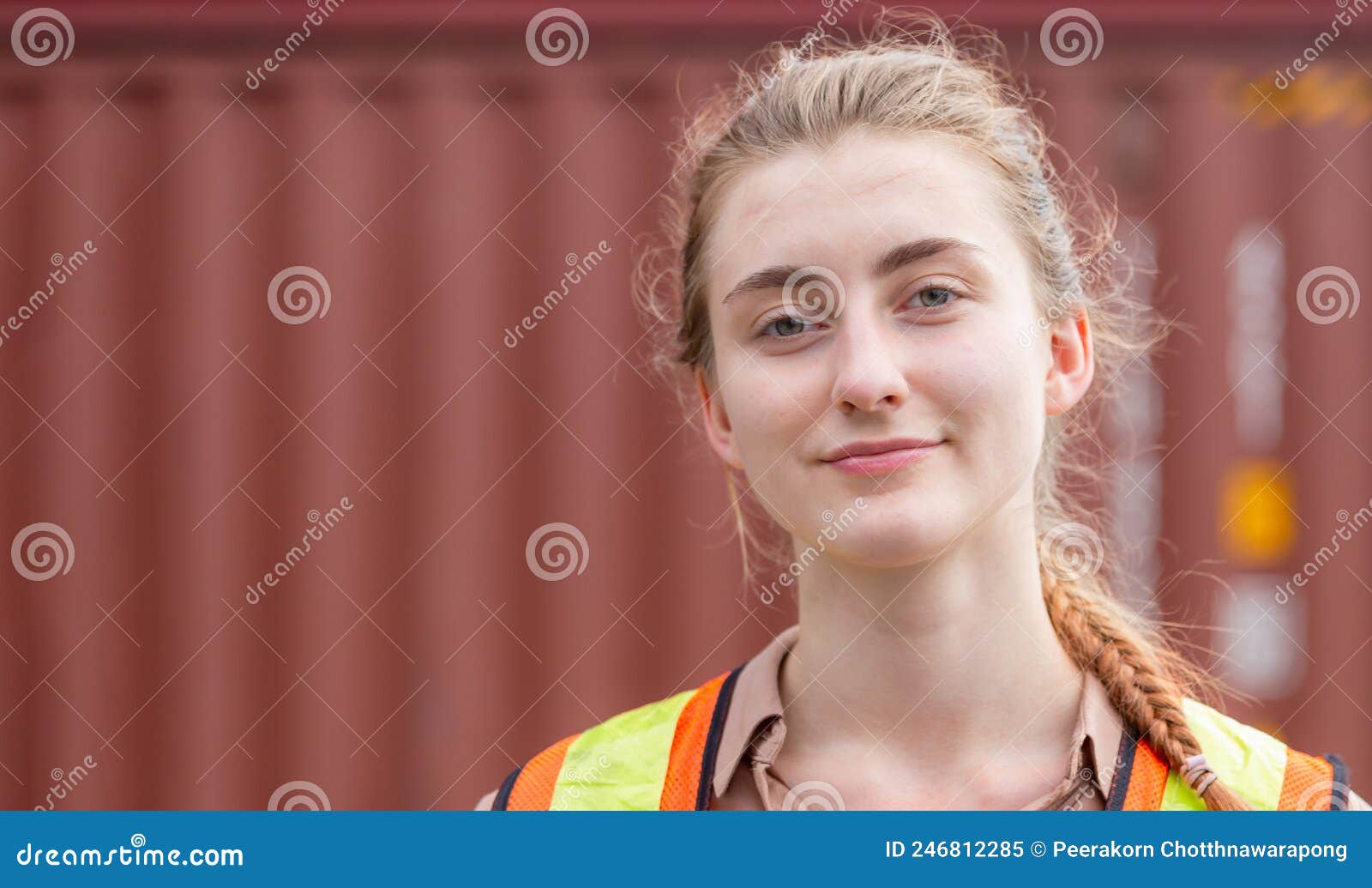 Industrial Female Engineer with Containers Box Background, Smiling Dock ...