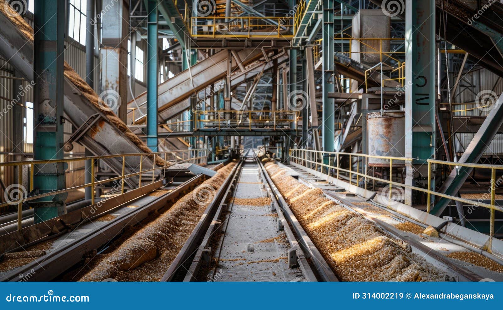 Industrial Grain Processing Facility Interior with Conveyor Belts Stock ...