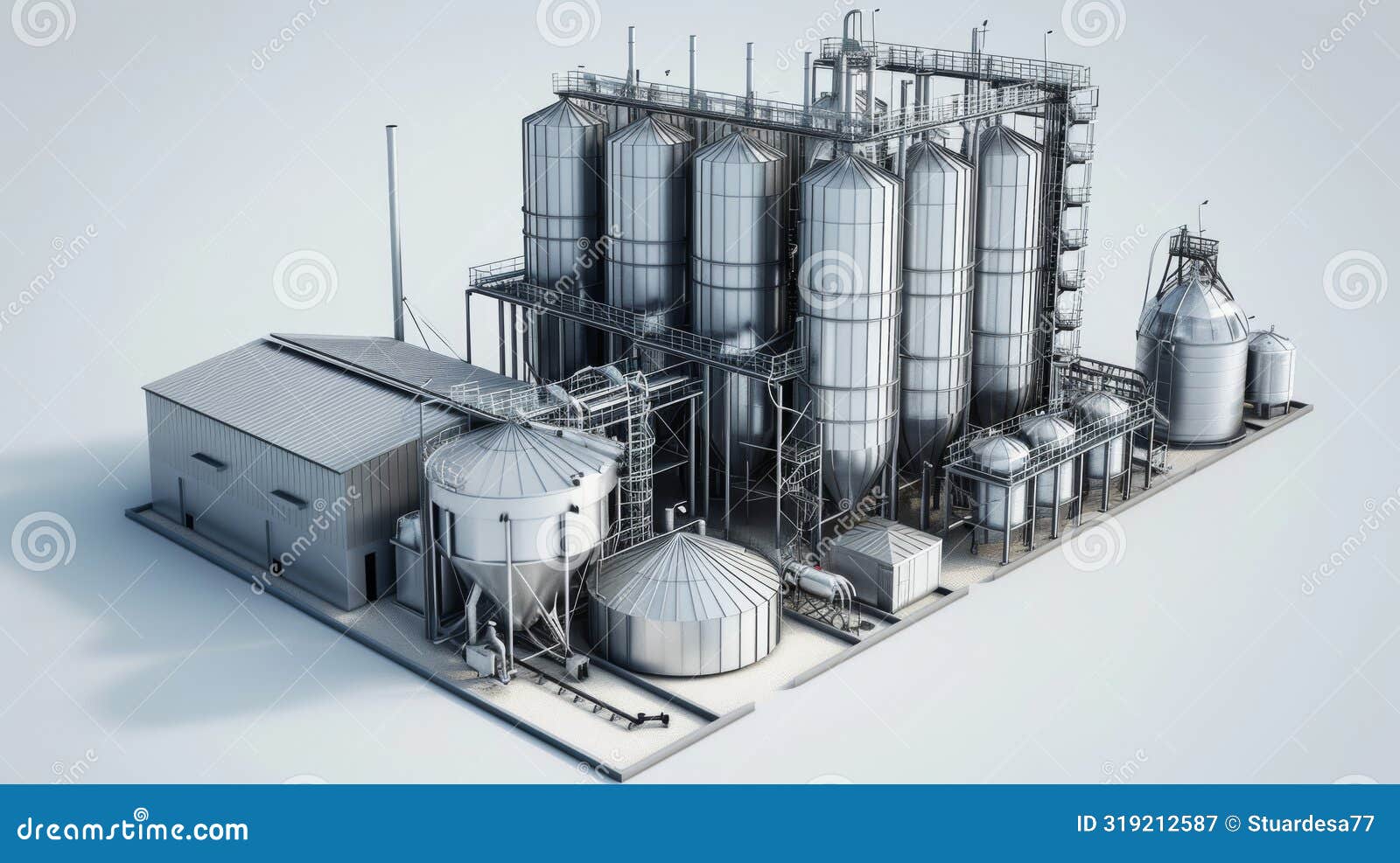 Industrial Grain Silos With Parked Delivery Trucks At A Distribution ...