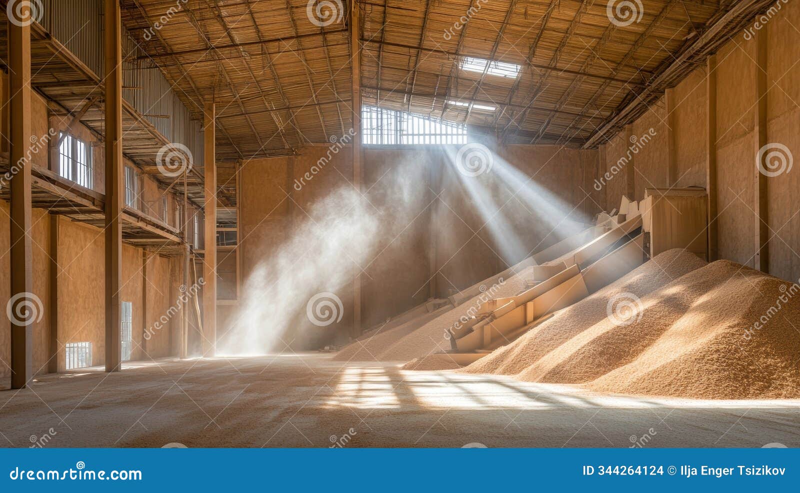 Industrial Grain Storage, Sunlight Illuminating Dust Particles Inside a ...