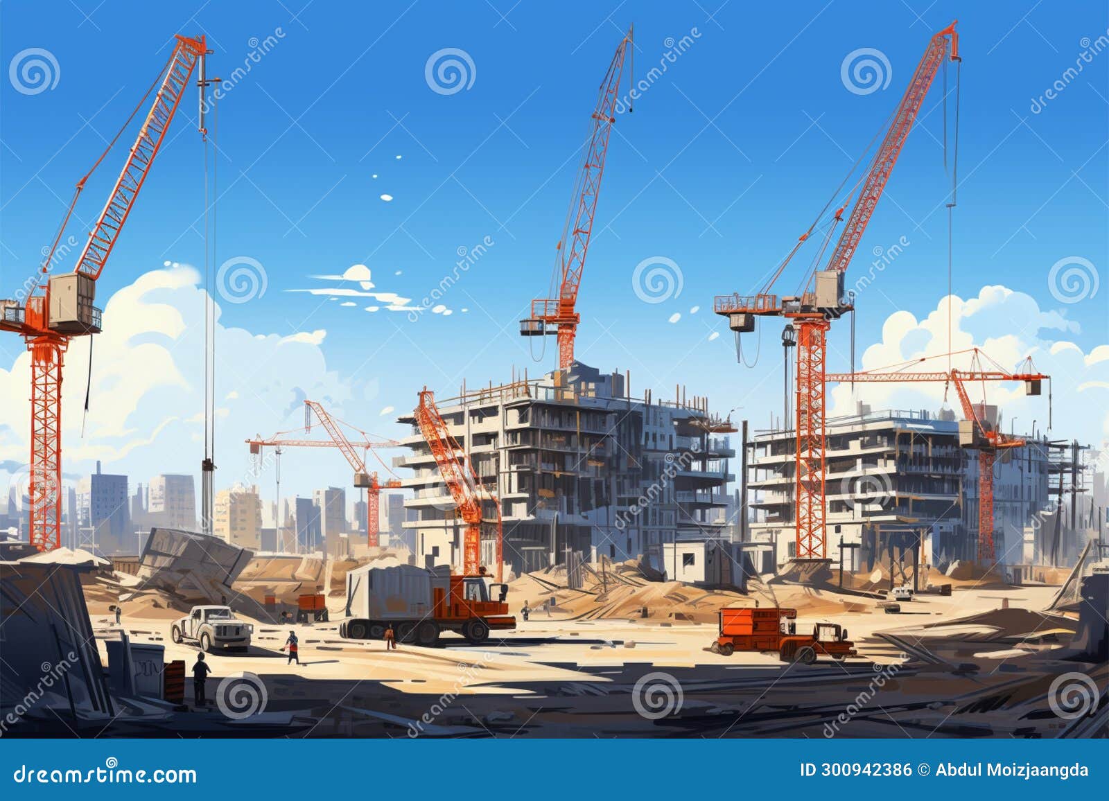 Industrial Growth Construction Site with Cranes, Building Under ...