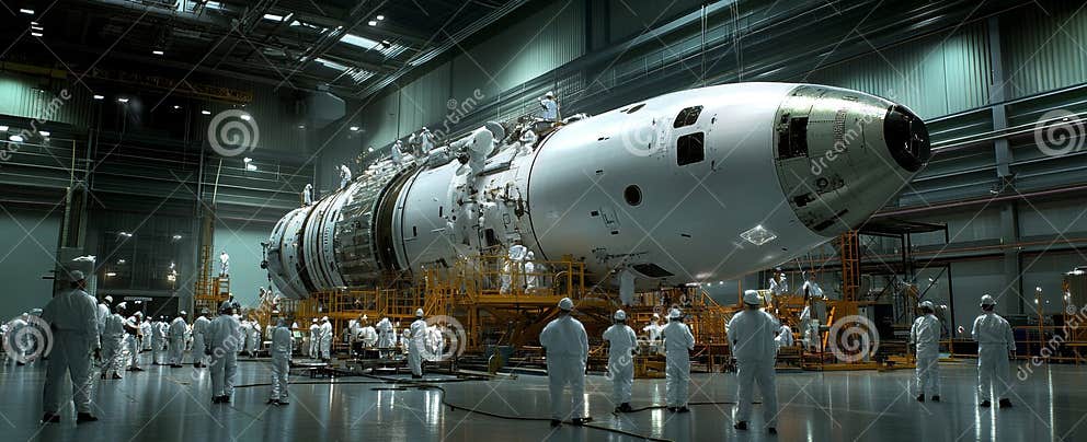 In an Industrial Hangar, Engineers Assemble a Rocket Using Advanced ...