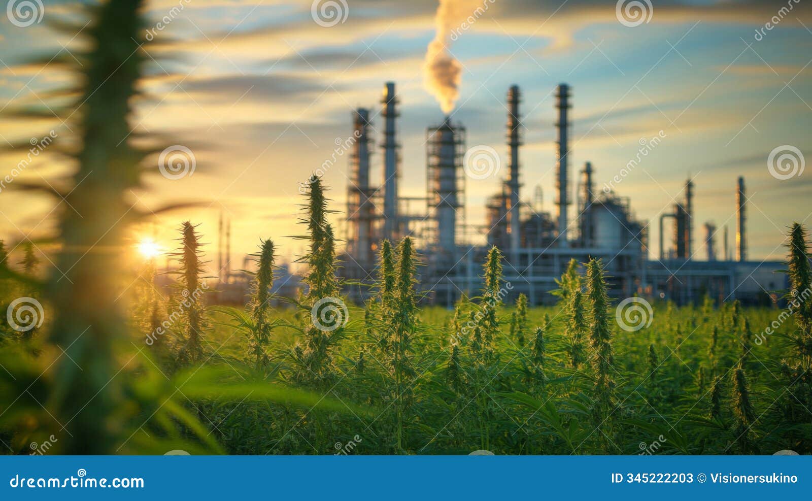 Industrial Hemp Field with Refinery in the Background at Sunset Stock ...
