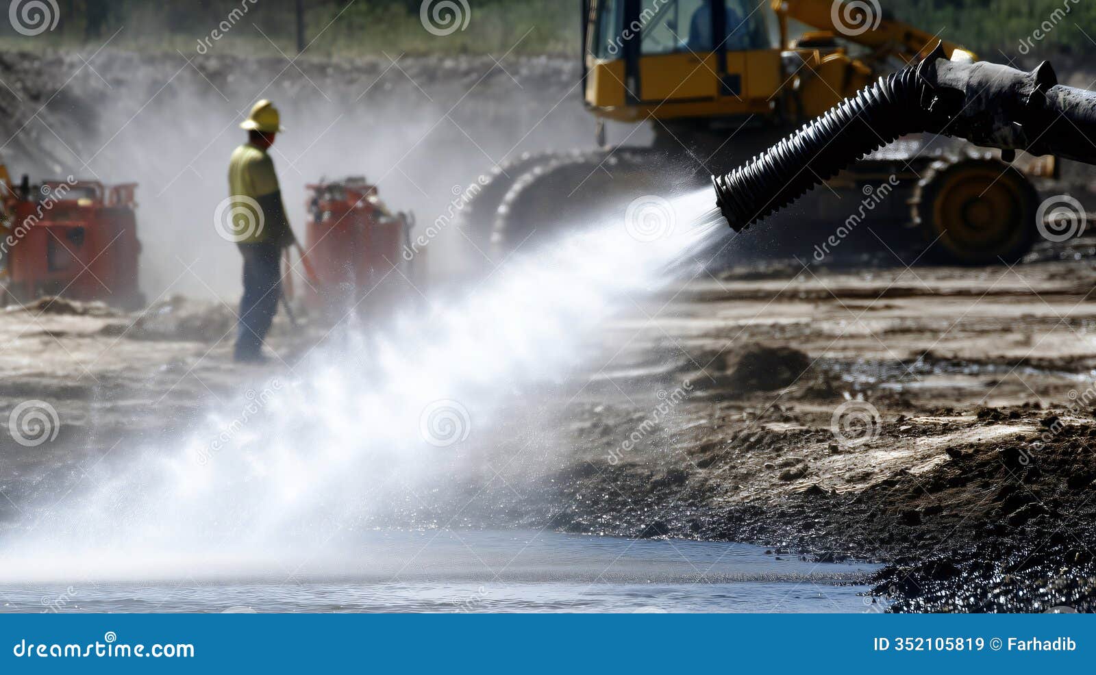Industrial Hose Spraying Water on Construction Site Reducing Dust Stock ...