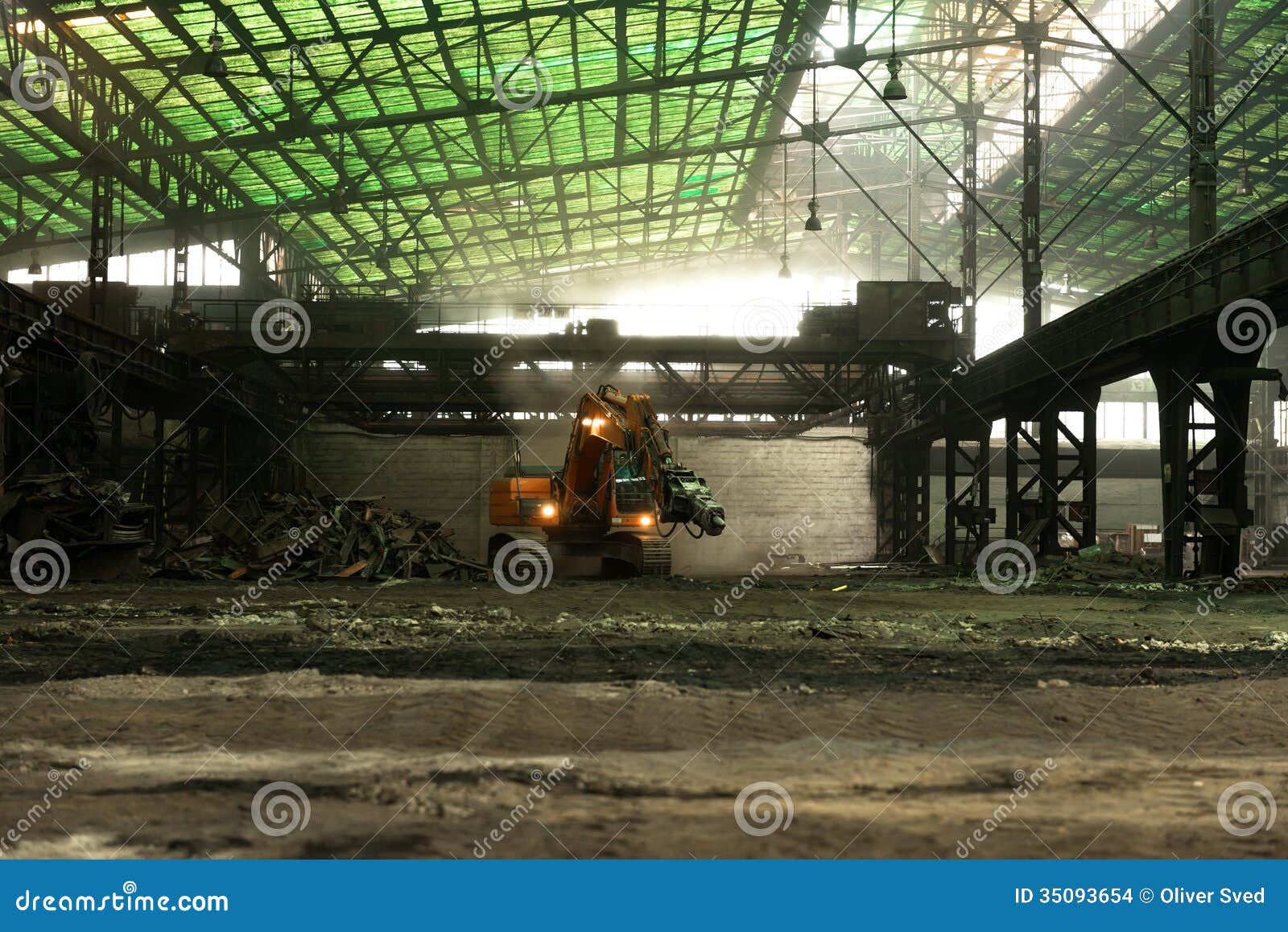 Industrial Interior with Bulldozer Inside Stock Photo - Image of window ...