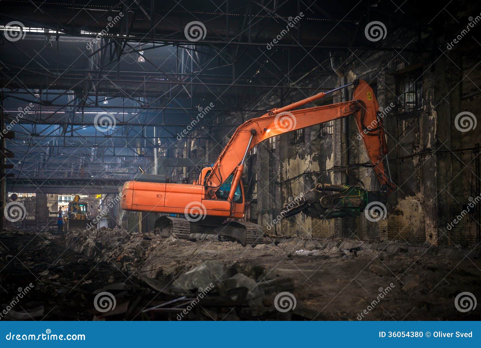 Industrial Interior with Bulldozer Inside Stock Photo - Image of metal ...