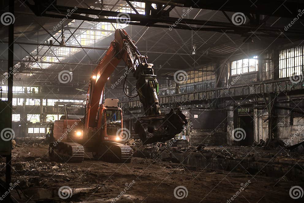 Industrial Interior with Bulldozer Inside Stock Image - Image of window ...