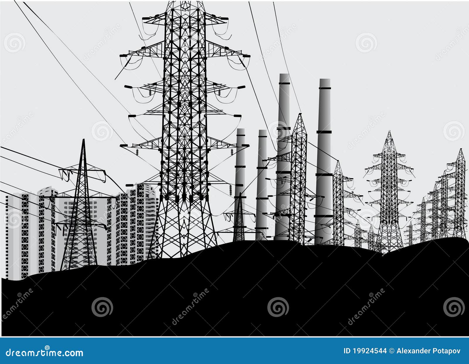 Industrial Landscape with Electric Towers Stock Vector - Illustration ...