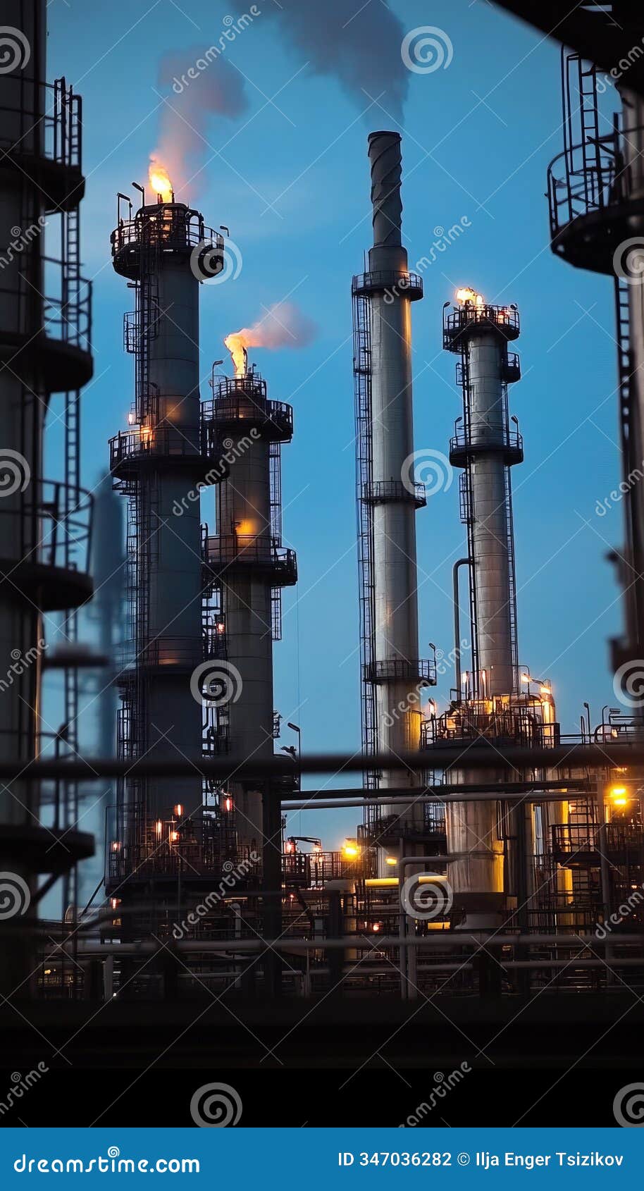 Industrial Landscape Nighttime View of an Oil Refinery with Illuminated ...