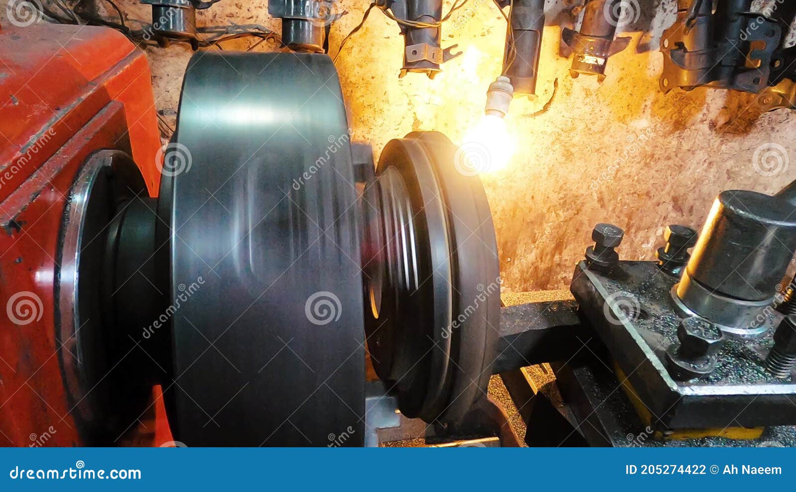 Industrial Lathe Heavy Machine Working Process in a Workshop at Night ...