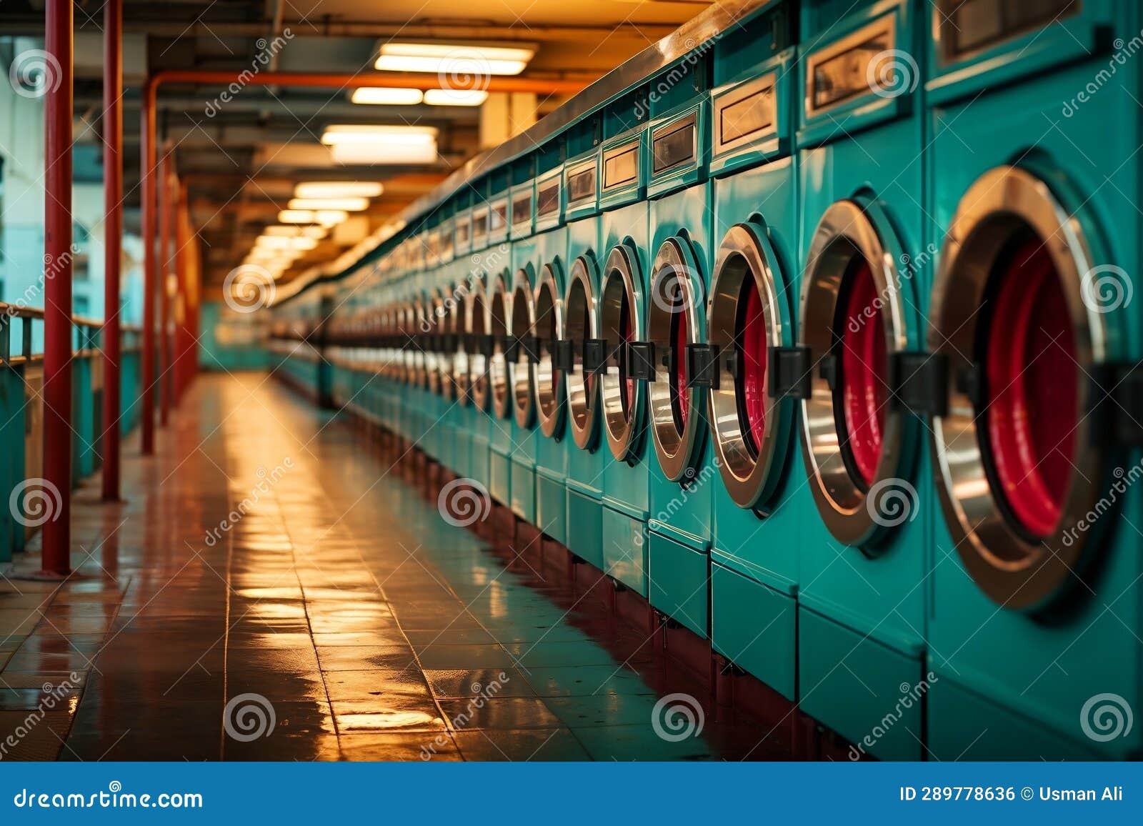 Industrial Laundromat: a Row of Public Laundry Machines. AI Stock ...