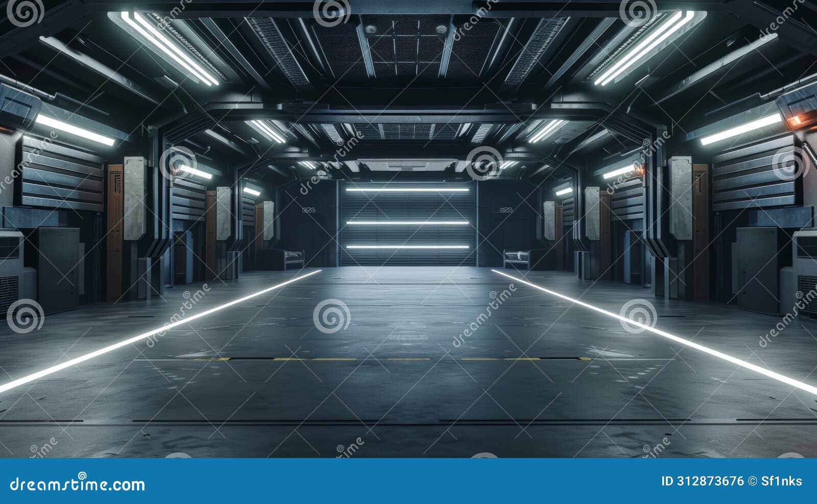 Industrial Locker Room with Futuristic Design Elements, Illuminated by ...