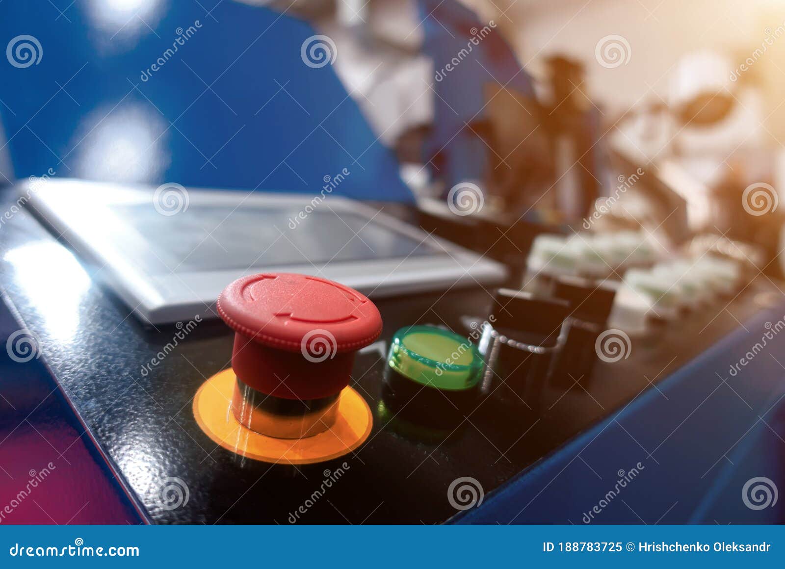 Industrial Machine Control Panel with Red Button. Shallow Depth of ...